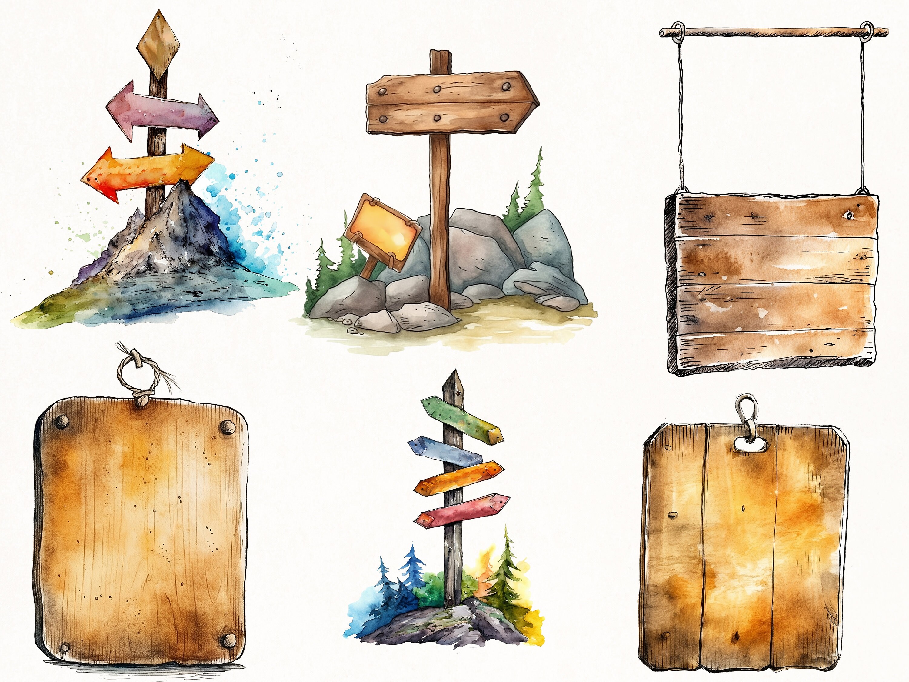 Watercolor Wooden Signs Bundle, Cliparts of Empty Wooden Signs ...