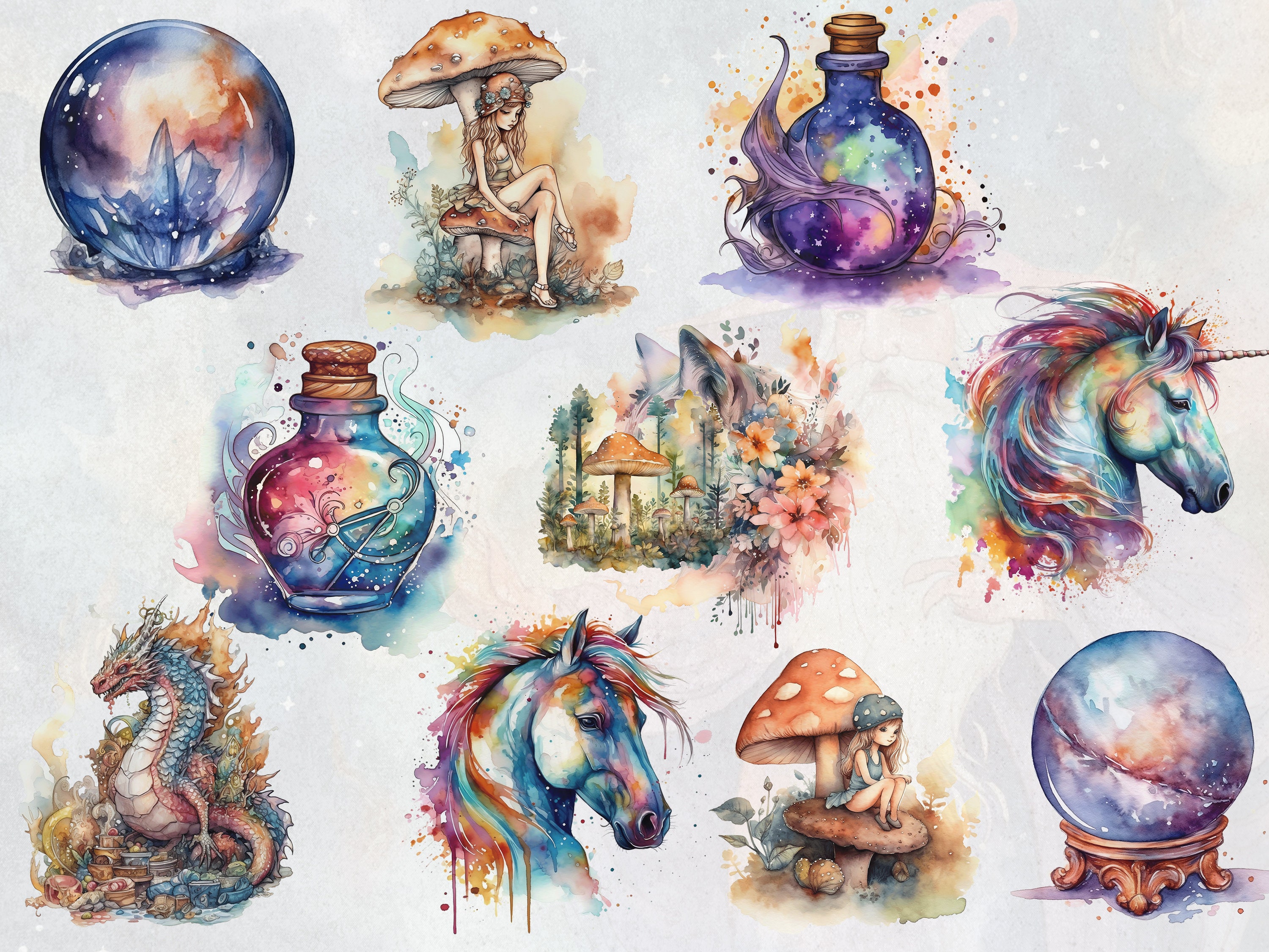 Watercolor Fantasy, Clipart PNG Magic, Watercolor Wizard Bundle ...