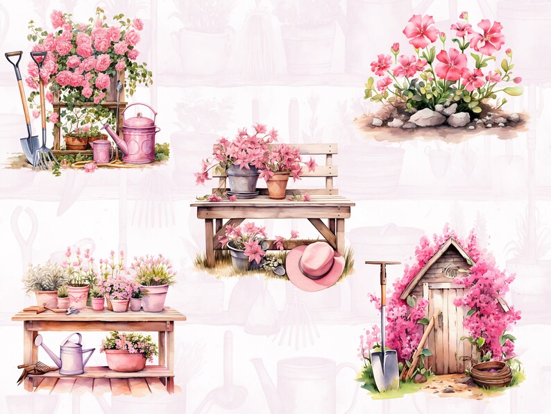 Watercolor Pink Gardening Clipart Bundle, Pink Watercolor Gardenings ...