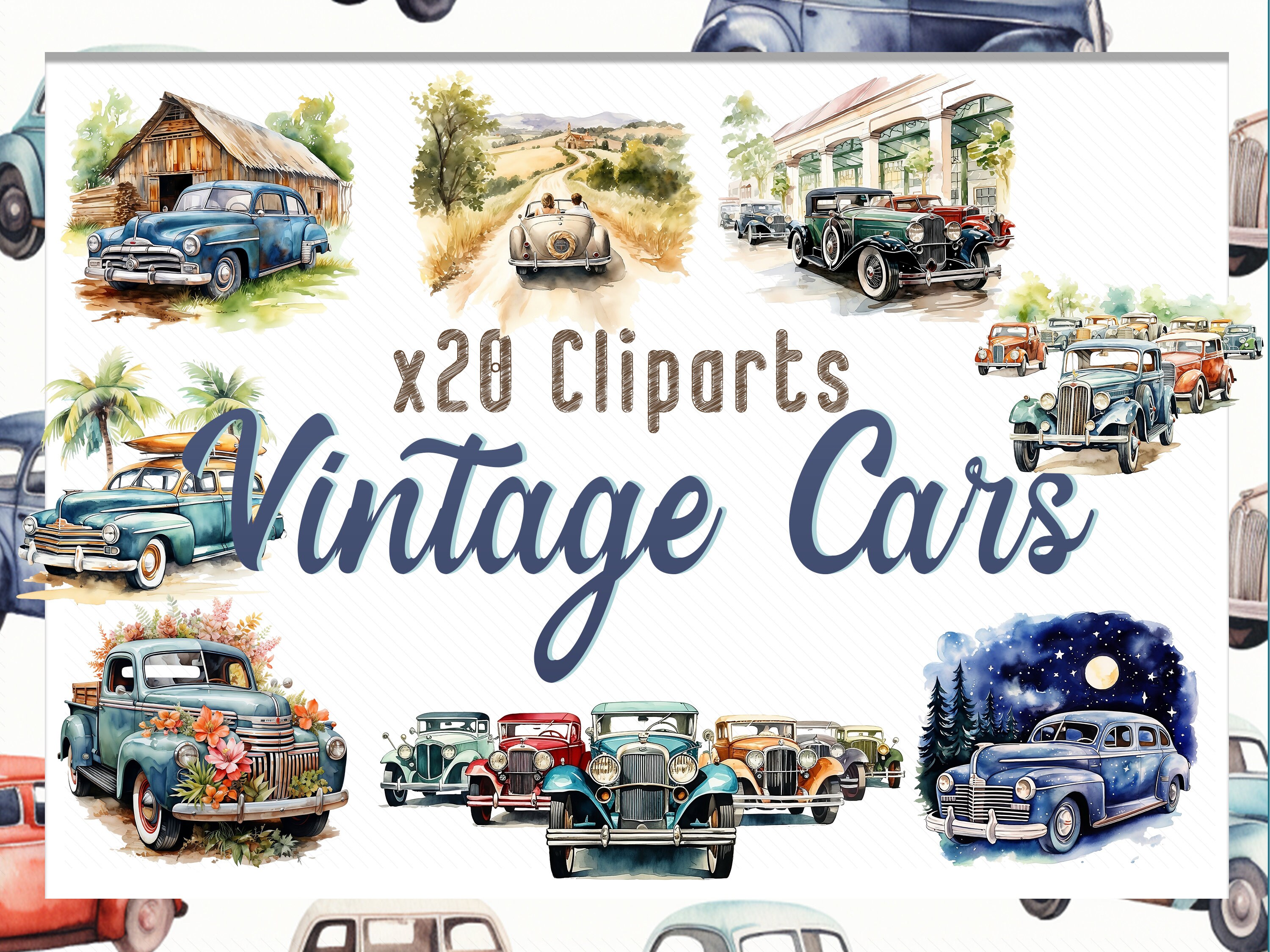 Watercolor Vintage Cars Clipart Bundle, Old Cars Coffee PNG for ...