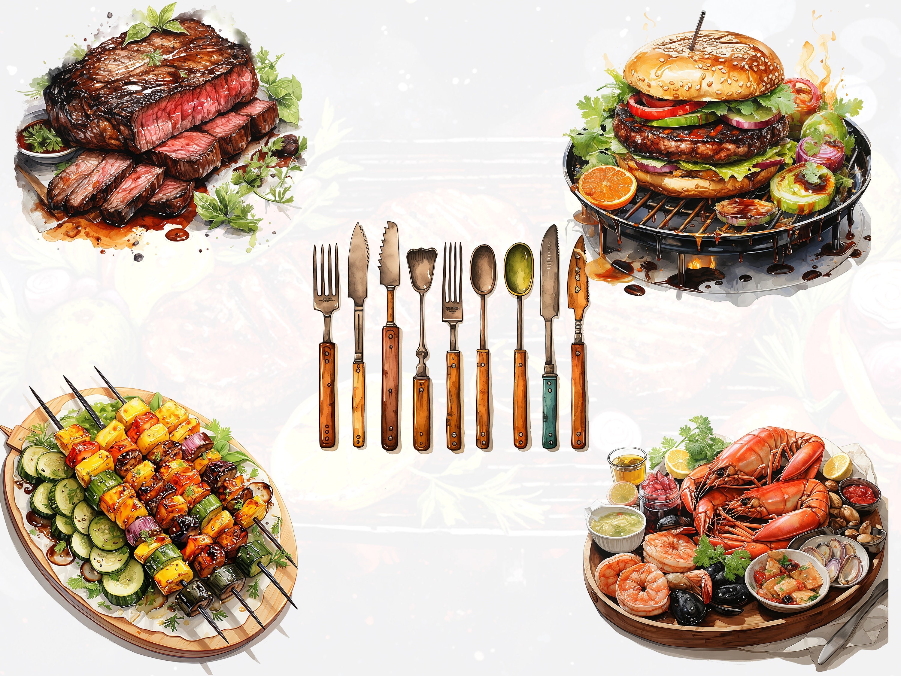 Watercolor Barbecue Pack, Clipart PNG Barbecue Illustrations, Barbecue Bundle, Commercial Use ...
