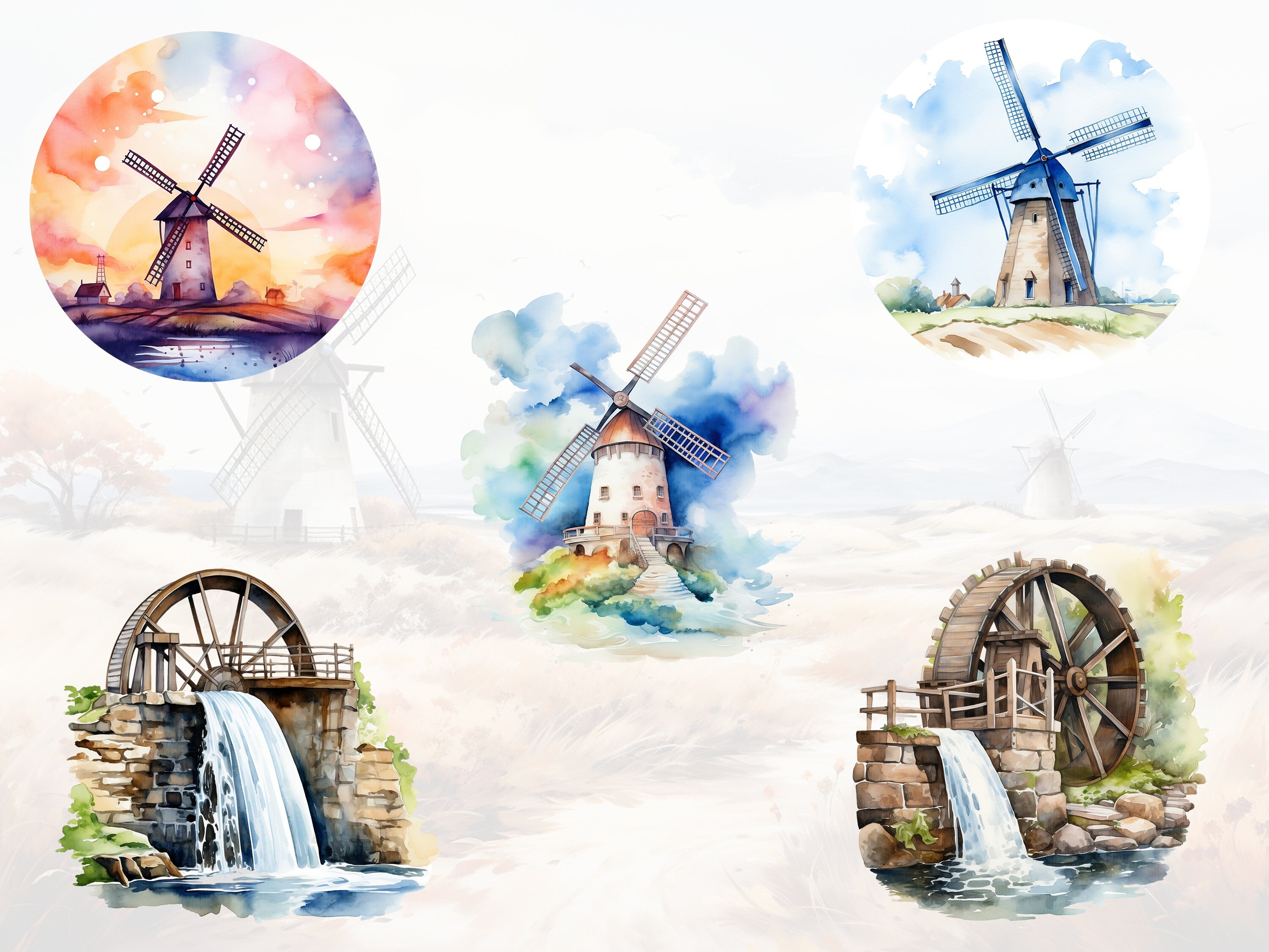 Watercolor Windmills Clipart Bundle, Watercolor Windmills PNG ...