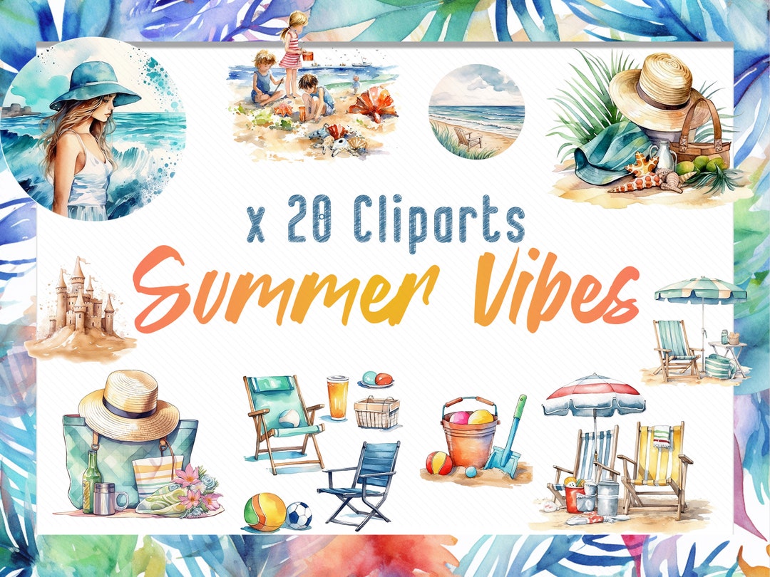 Summer Watercolor Clipart Bundle, Watercolor Beach and Summer Theme PNG ...
