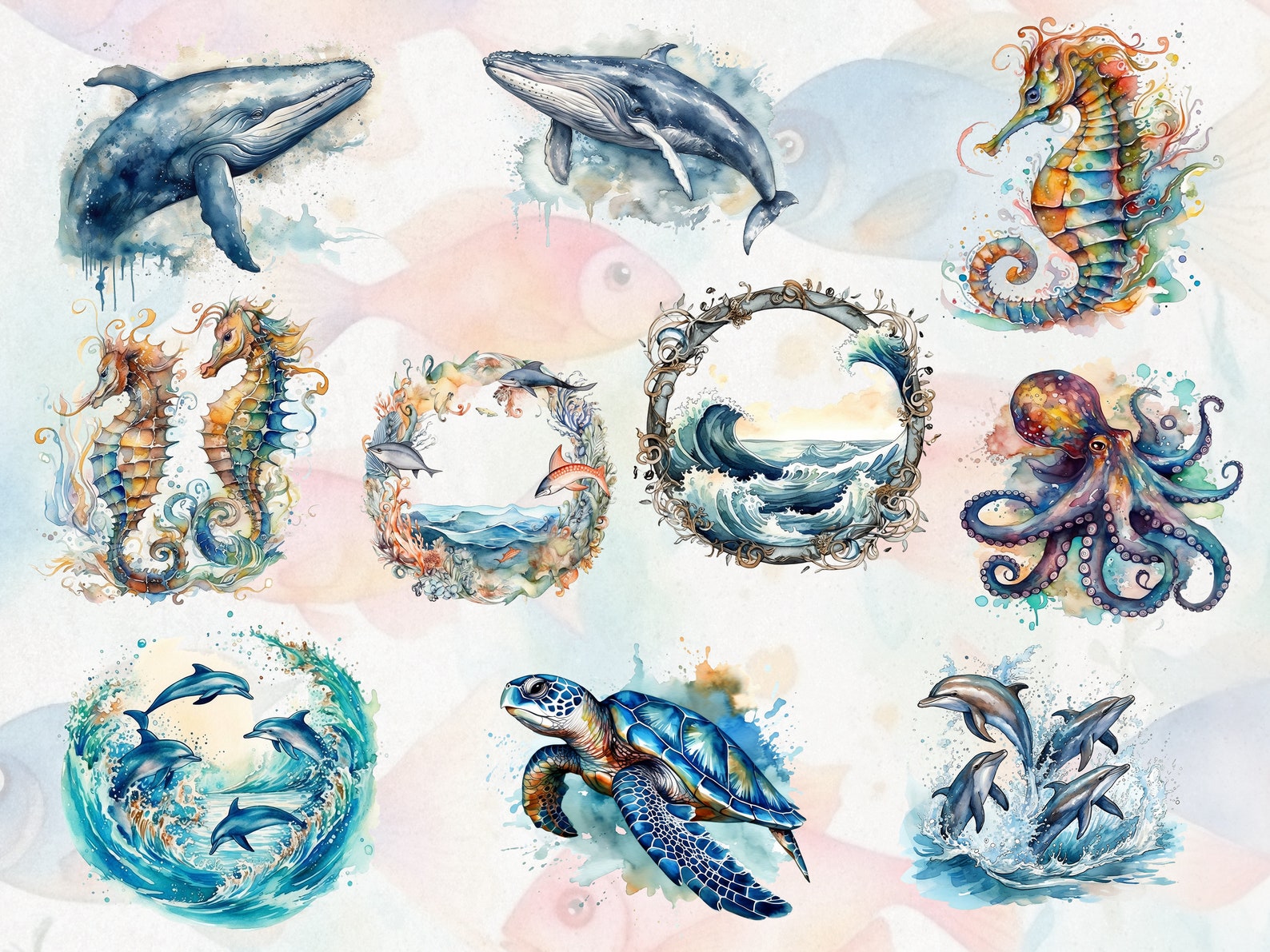 Watercolor Ocean and Sea, Clipart PNG Ocean Theme, Watercolor Sealife ...