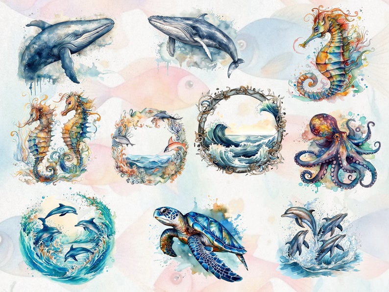 Watercolor Ocean and Sea, Clipart PNG Ocean Theme, Watercolor Sealife ...