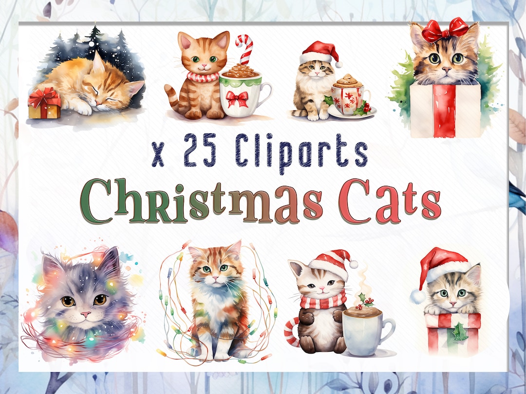Watercolor Christmas Cats Clipart Bundle, Watercolor Cats PNG for ...