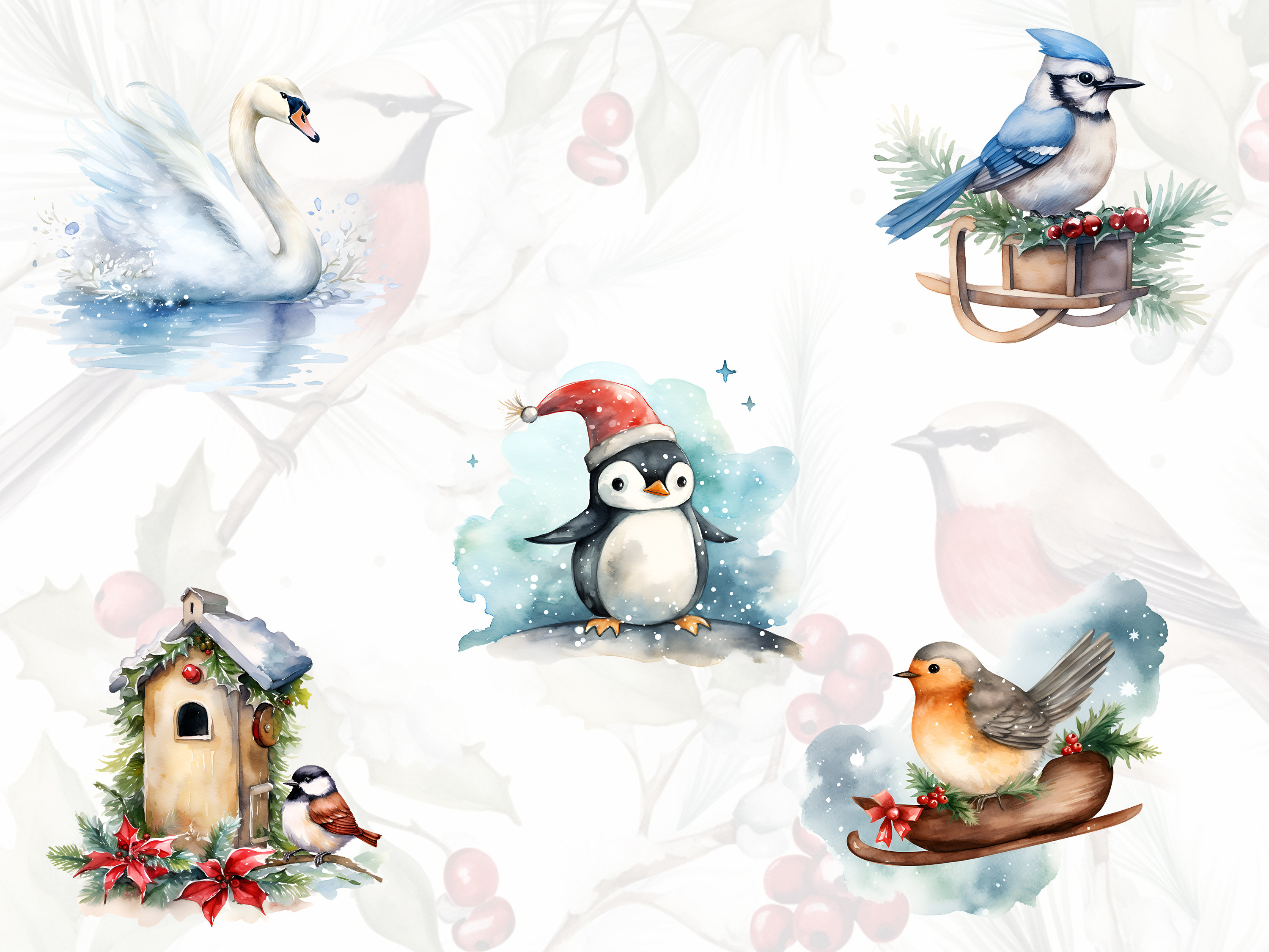 Watercolor Christmas Birds, Clipart PNG Cute Christmas Birds Bundle ...