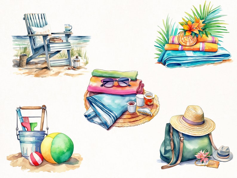 Summer Watercolor Clipart Bundle, Watercolor Beach and Summer Theme PNG ...
