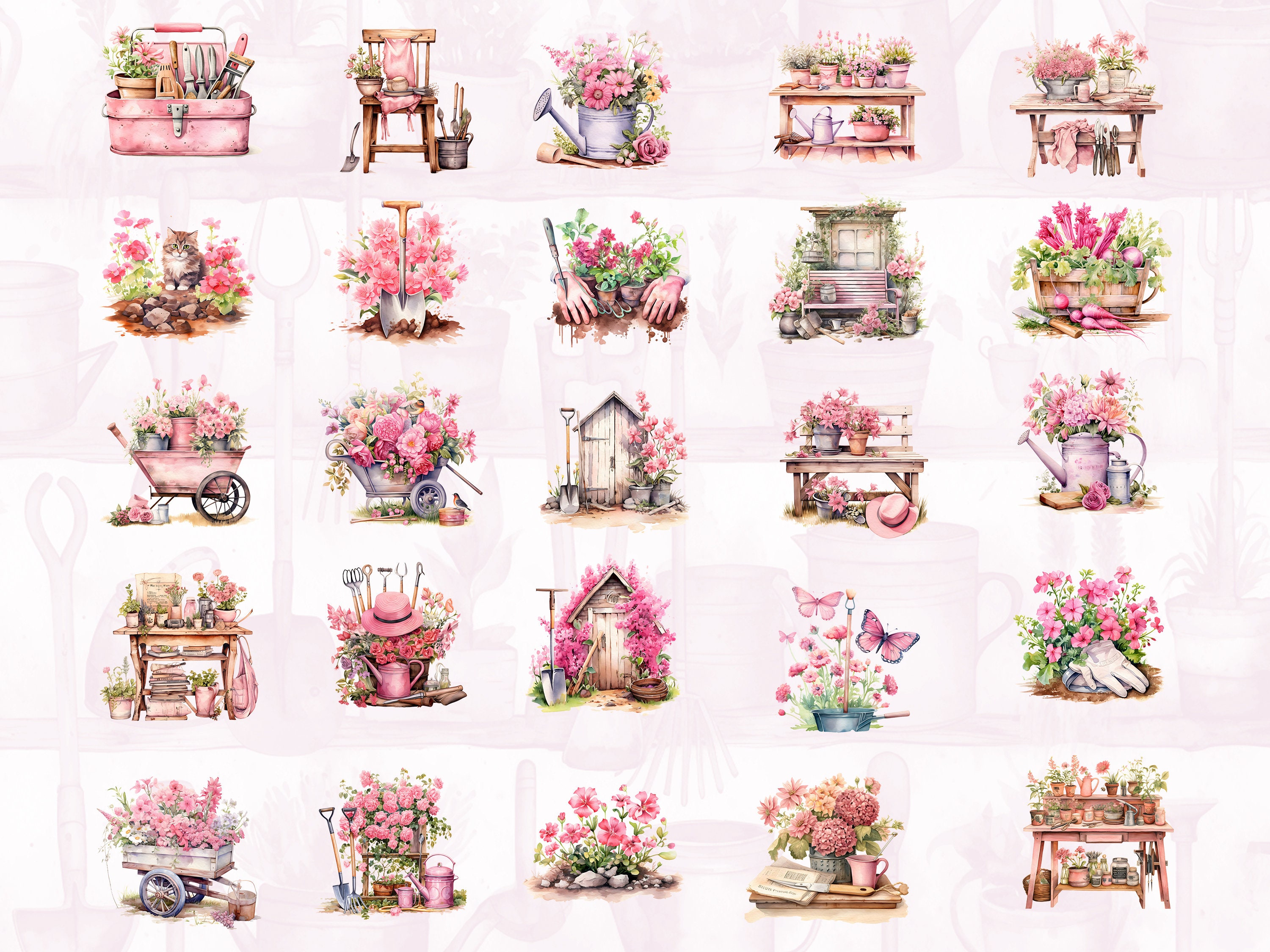Watercolor Pink Gardening Clipart Bundle, Pink Watercolor Gardenings ...