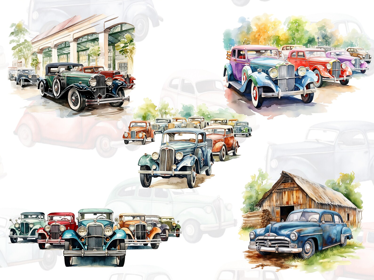 Watercolor Vintage Cars Clipart Bundle, Old Cars Coffee PNG for ...