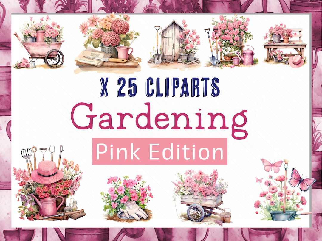 Watercolor Pink Gardening Clipart Bundle, Pink Watercolor Gardenings ...