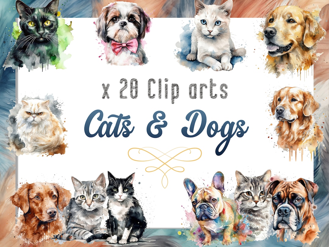 Watercolor Clipart Cats and Dogs, Cute Pets PNG Bundle, Watercolor ...
