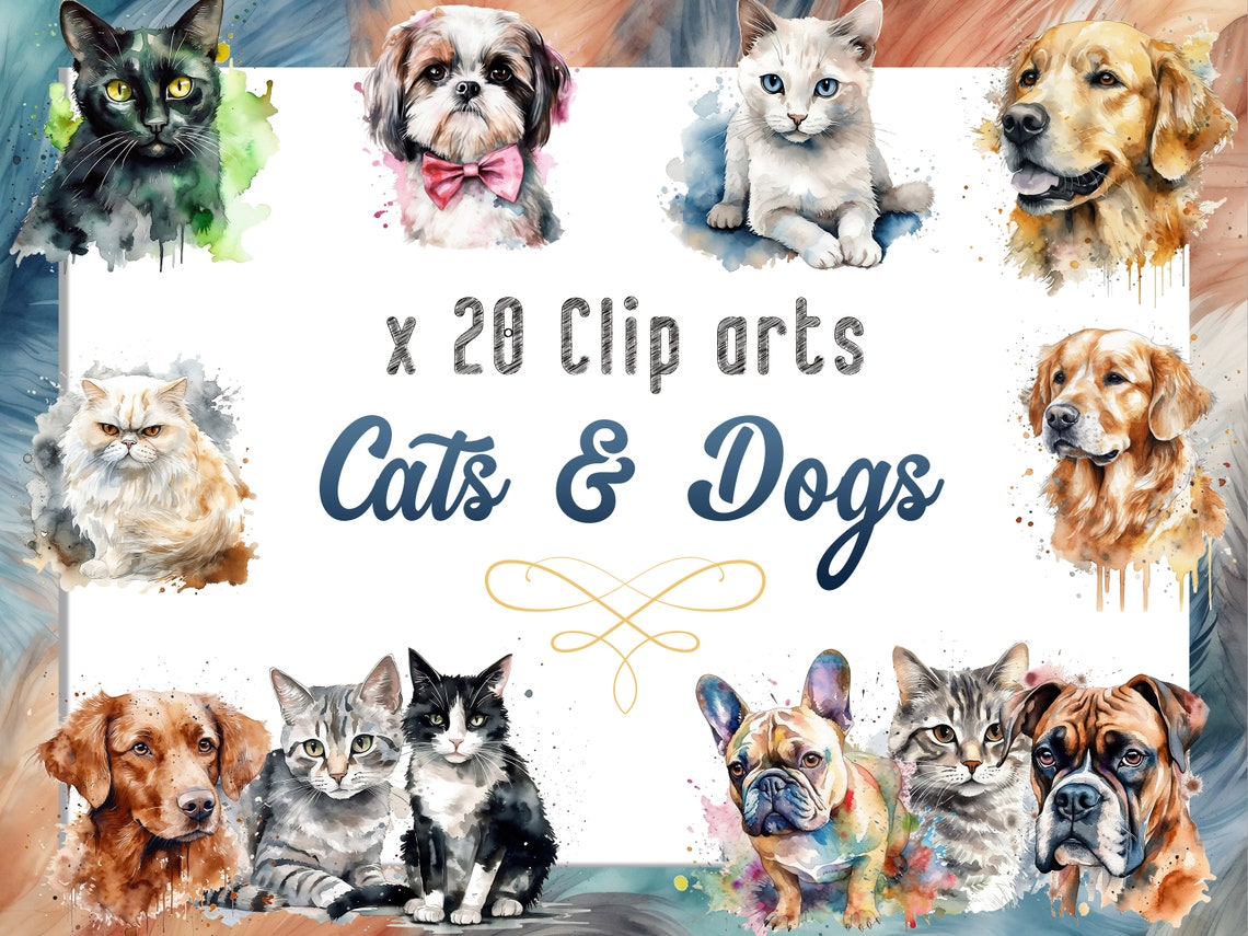Watercolor Clipart Cats and Dogs, Cute Pets PNG Bundle, Watercolor ...