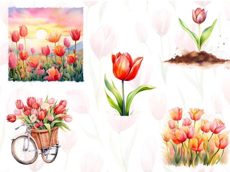 Watercolor Tulips Clipart PNG, Flower Bundle Clipart for Special ...