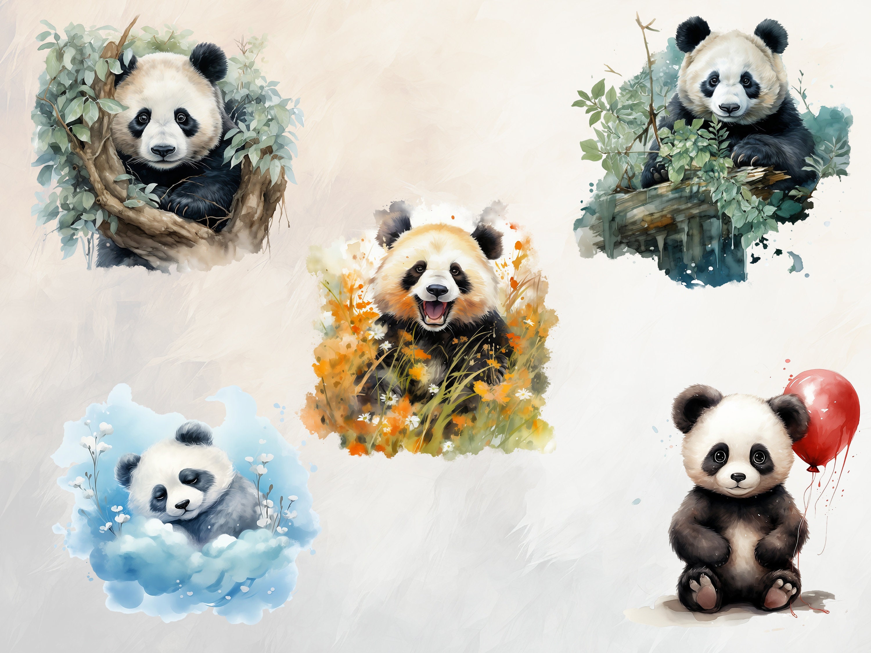 Watercolor Panda Clipart Bundle, Watercolor Cute and Funny Pandas PNG ...