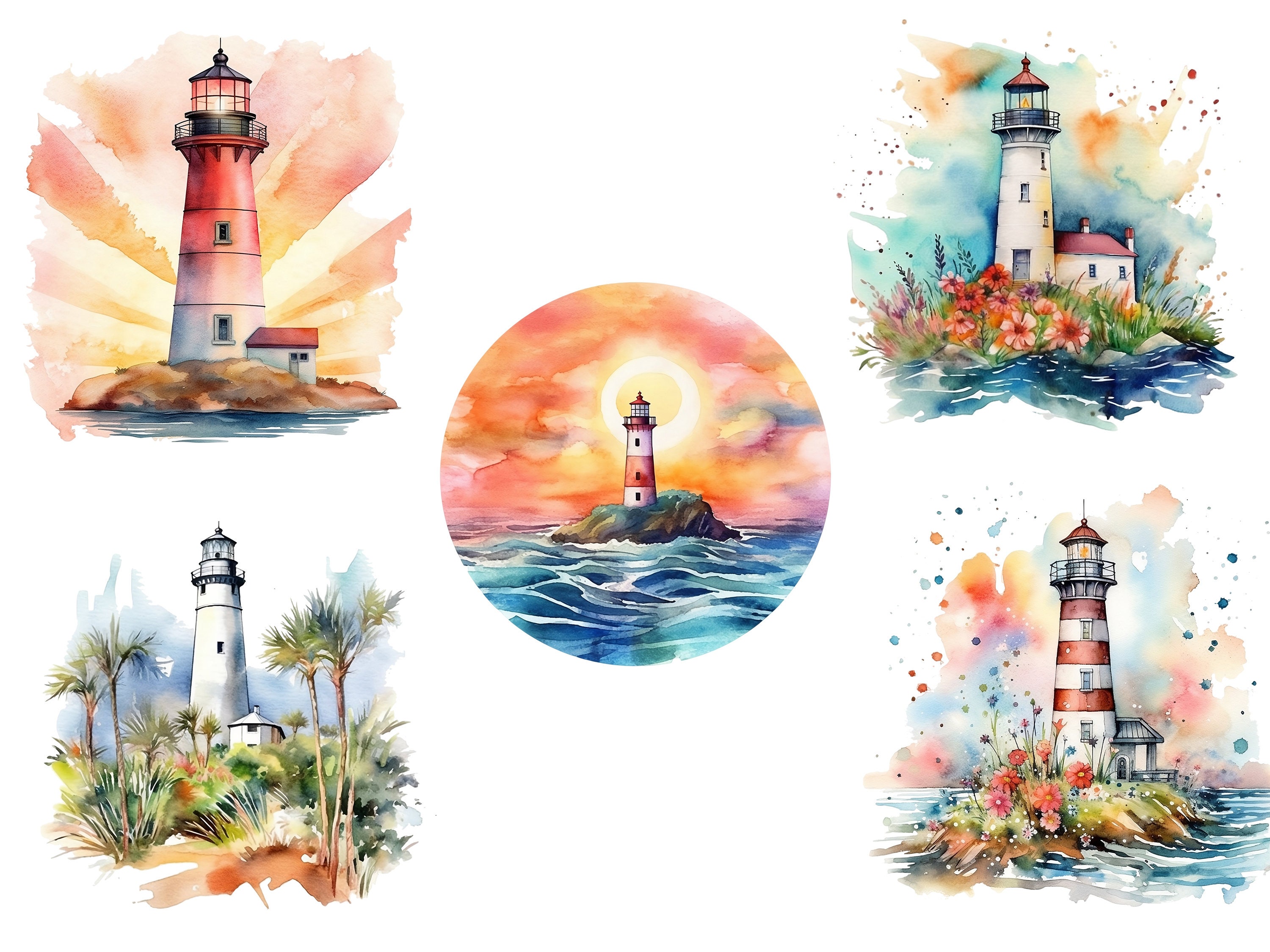 Watercolor Lighthouse Clipart Bundle, PNG Cliparts on Theme Lighthouses ...