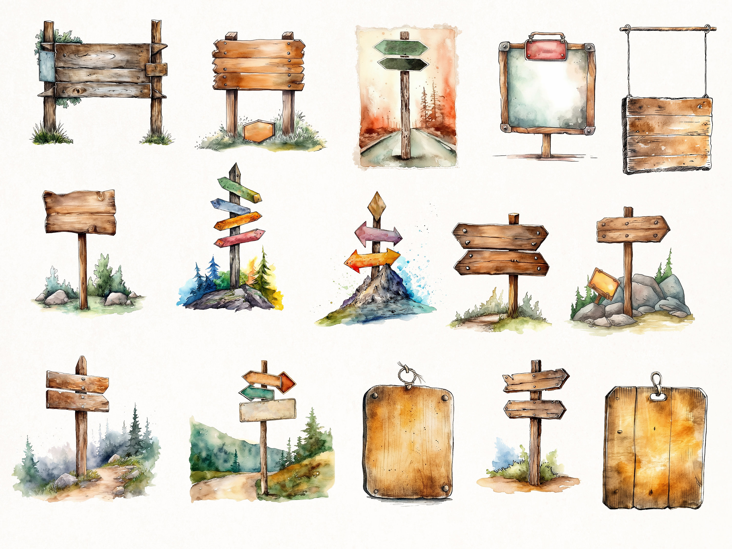 Watercolor Wooden Signs Bundle, Cliparts of Empty Wooden Signs ...