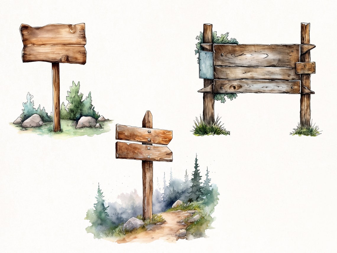 Watercolor Wooden Signs Bundle, Cliparts of Empty Wooden Signs ...