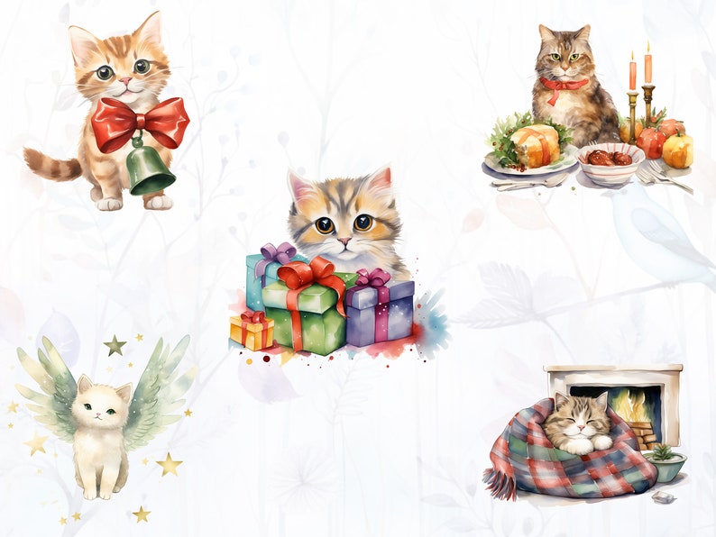 Watercolor Christmas Cats Clipart Bundle, Watercolor Cats PNG for ...