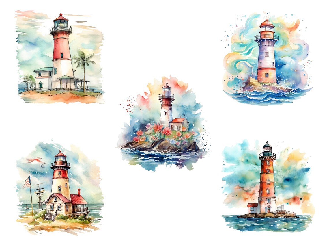 Watercolor Lighthouse Clipart Bundle PNG Cliparts on Theme - Etsy