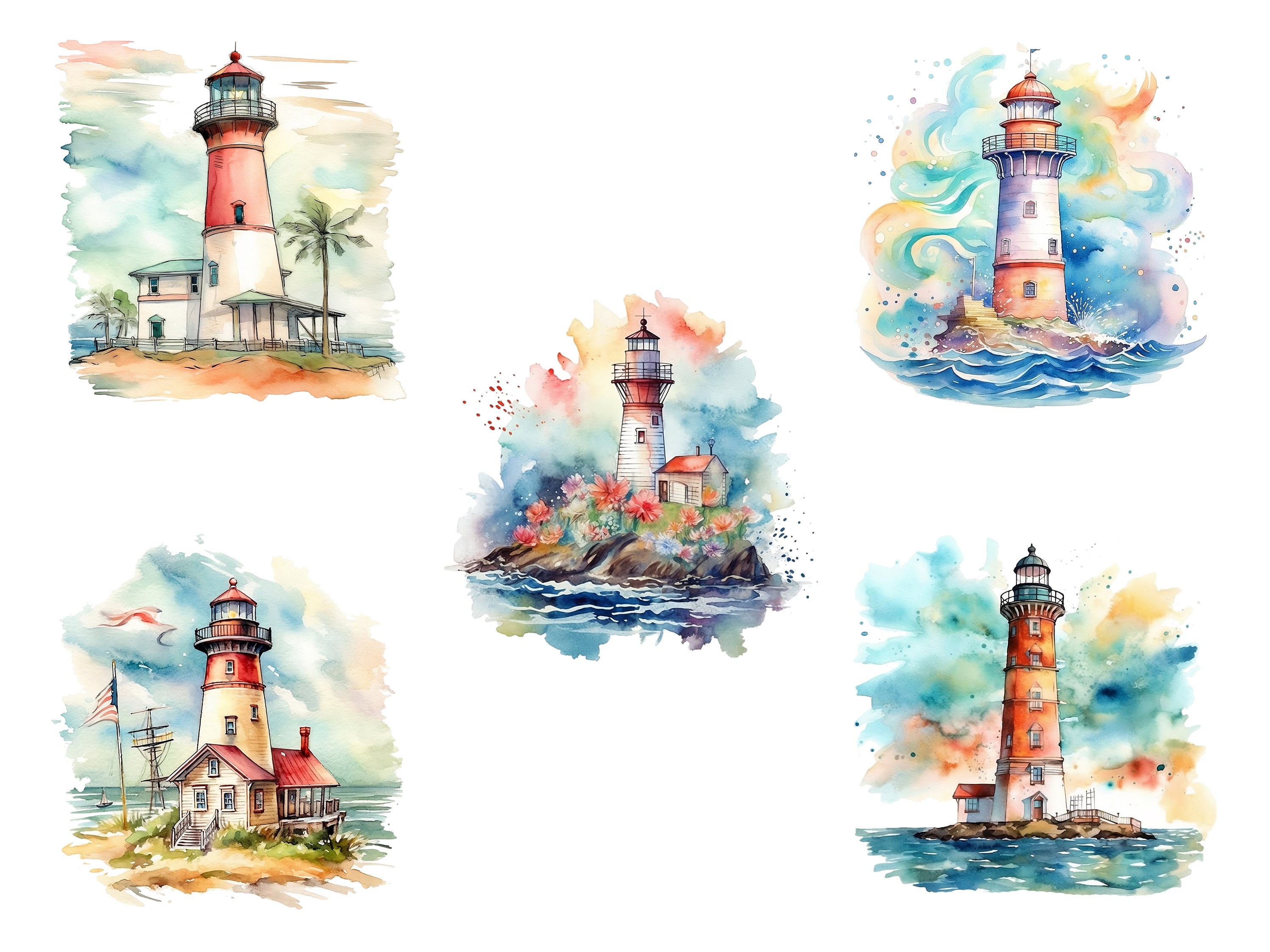 Watercolor Lighthouse Clipart Bundle, PNG Cliparts on Theme Lighthouses ...