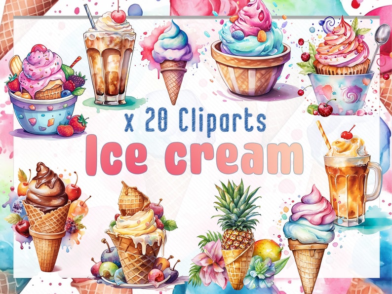 Watercolor Ice Cream Bundle, Watercolor Cliparts PNG of Various Ice ...