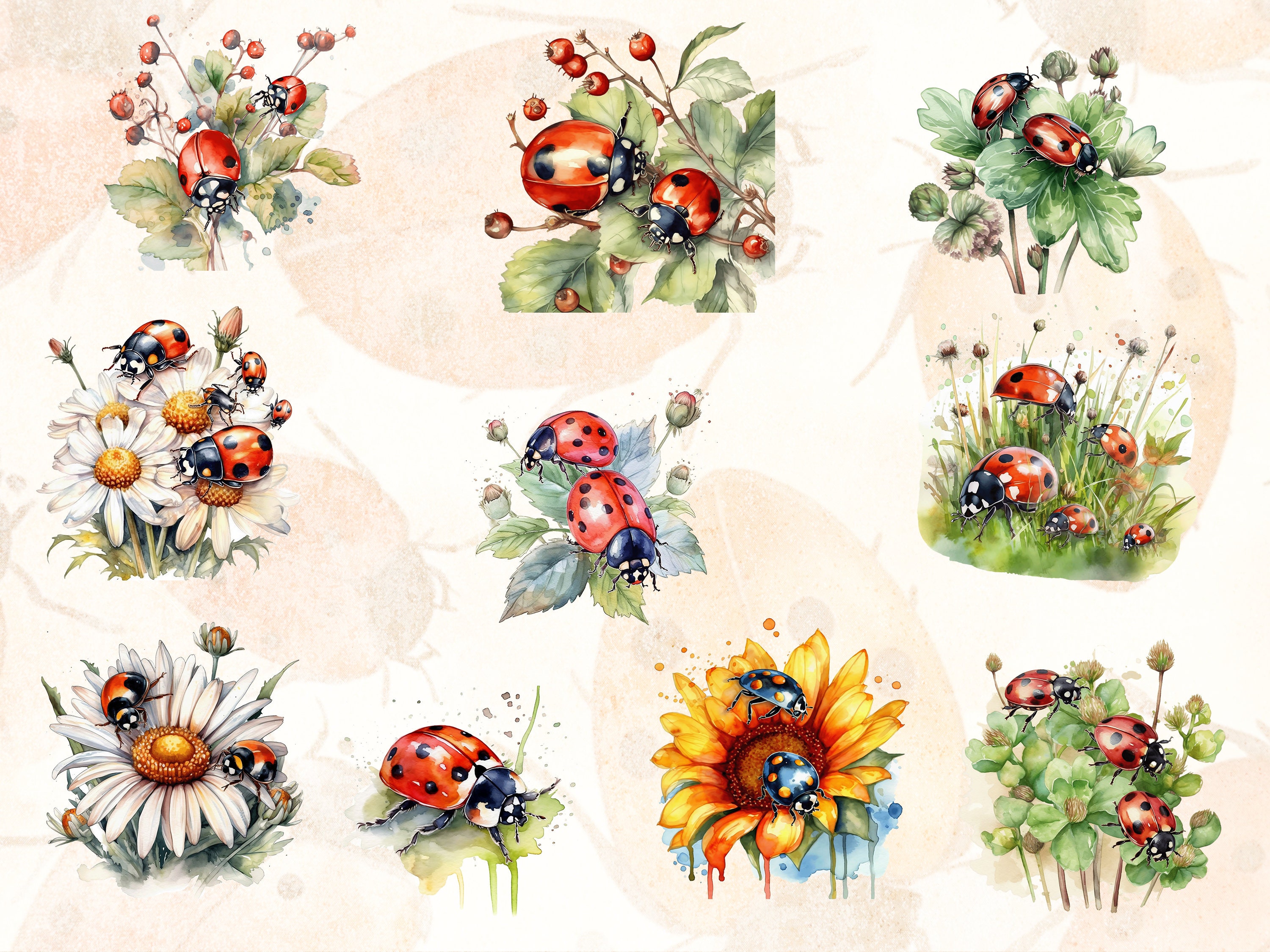 Watercolor Clipart Ladybugs, Flowers and Ladybugs Spring Bundle ...
