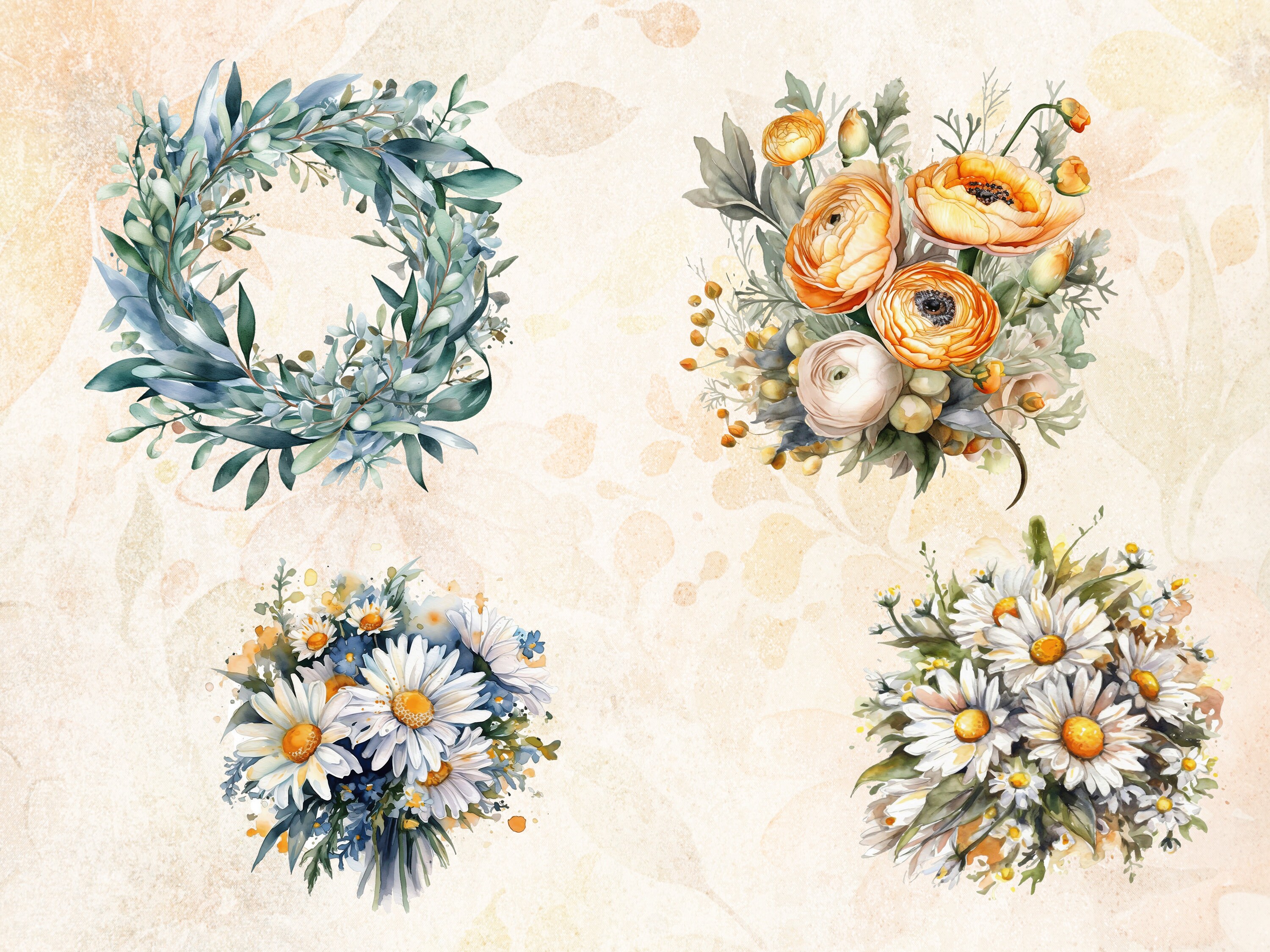 Watercolor Clipart Wedding Flowers, Romantic PNG Flowers, Watercolor ...