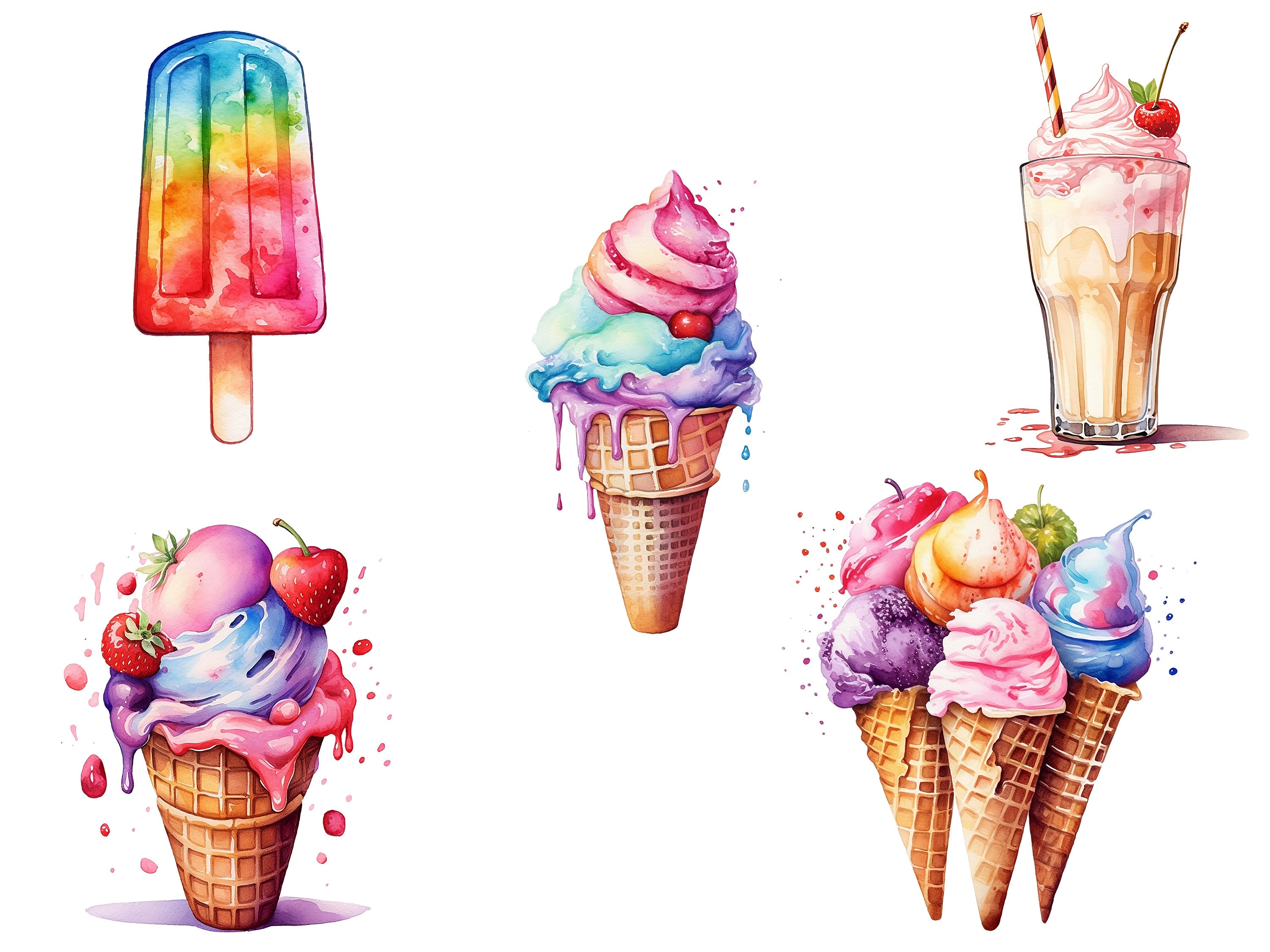 Watercolor Ice Cream Bundle, Watercolor Cliparts PNG of Various Ice ...