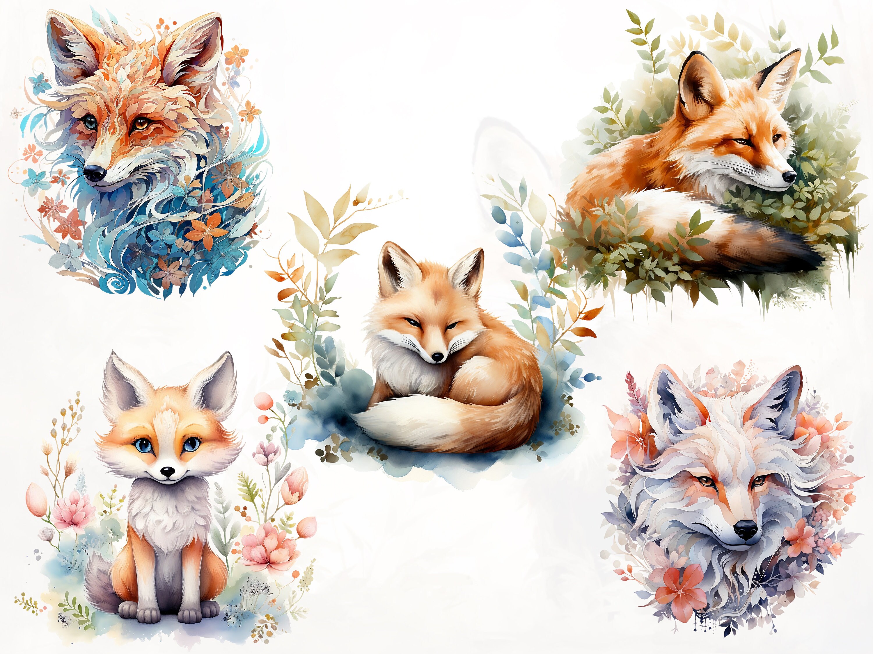 Watercolor Fox Pack Clipart PNG Fox Illustrations - Etsy