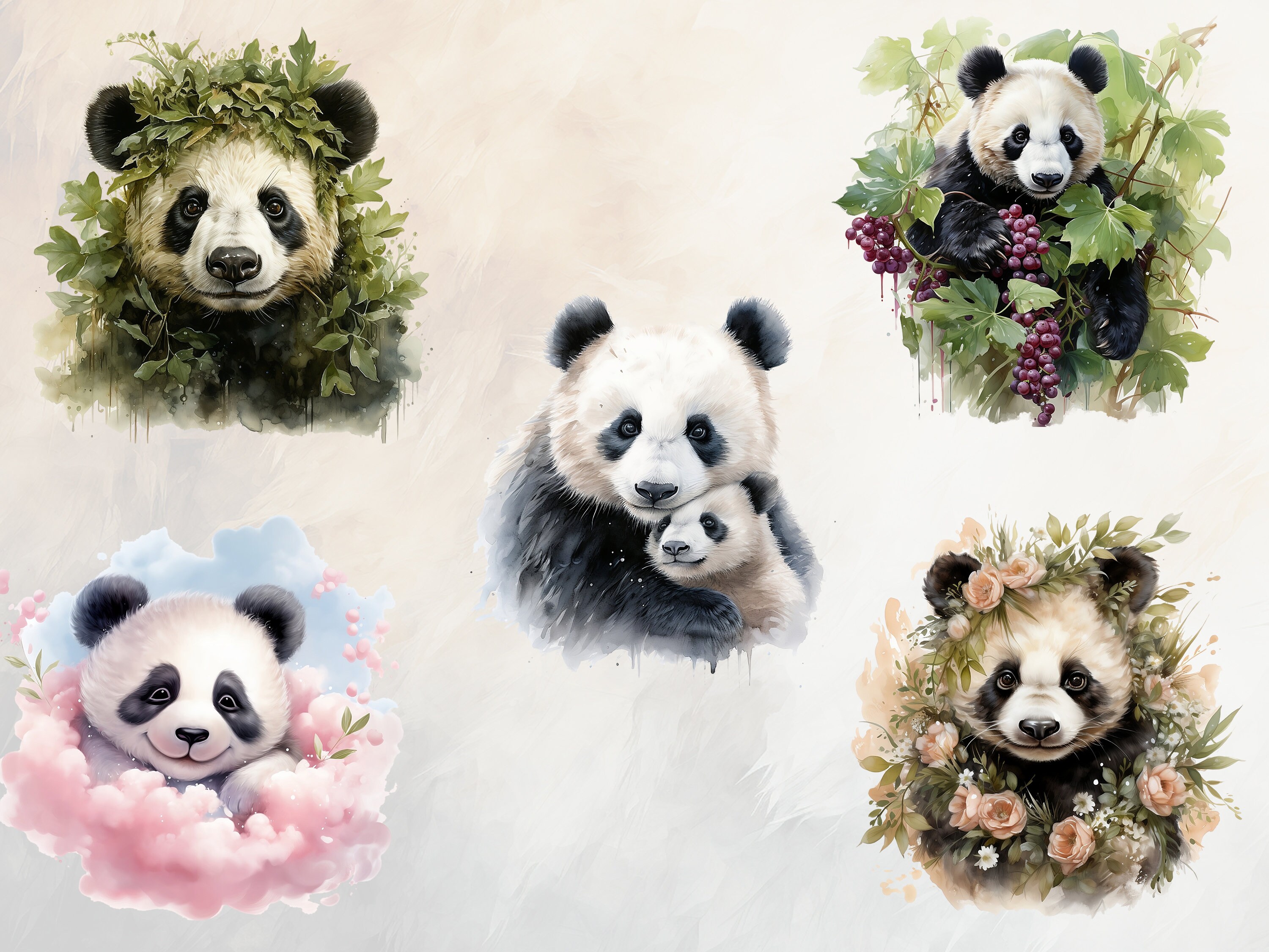 Watercolor Panda Clipart Bundle, Watercolor Cute and Funny Pandas PNG ...