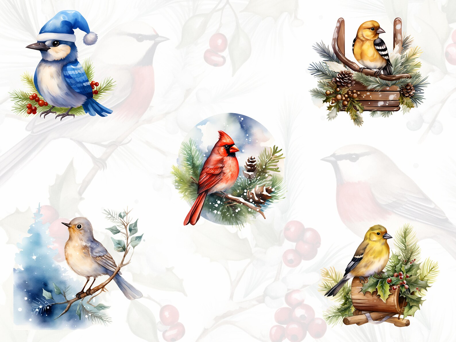 Watercolor Christmas Birds, Clipart PNG Cute Christmas Birds Bundle ...