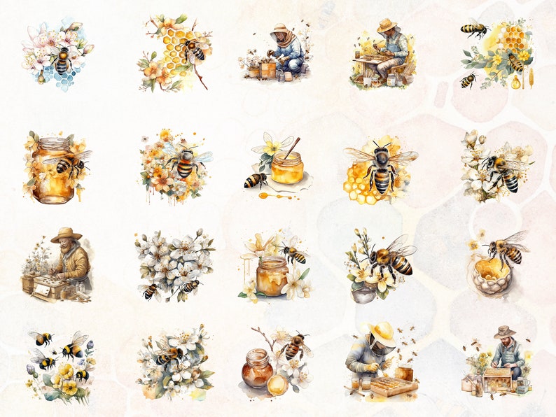 Watercolor Clipart Bees, Honey and Beekeeper Spring Bundle, Watercolor ...