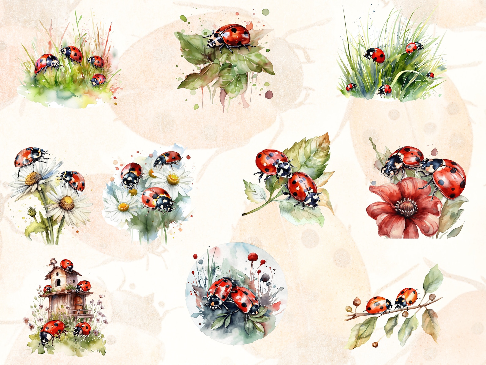 Watercolor Clipart Ladybugs, Flowers and Ladybugs Spring Bundle ...
