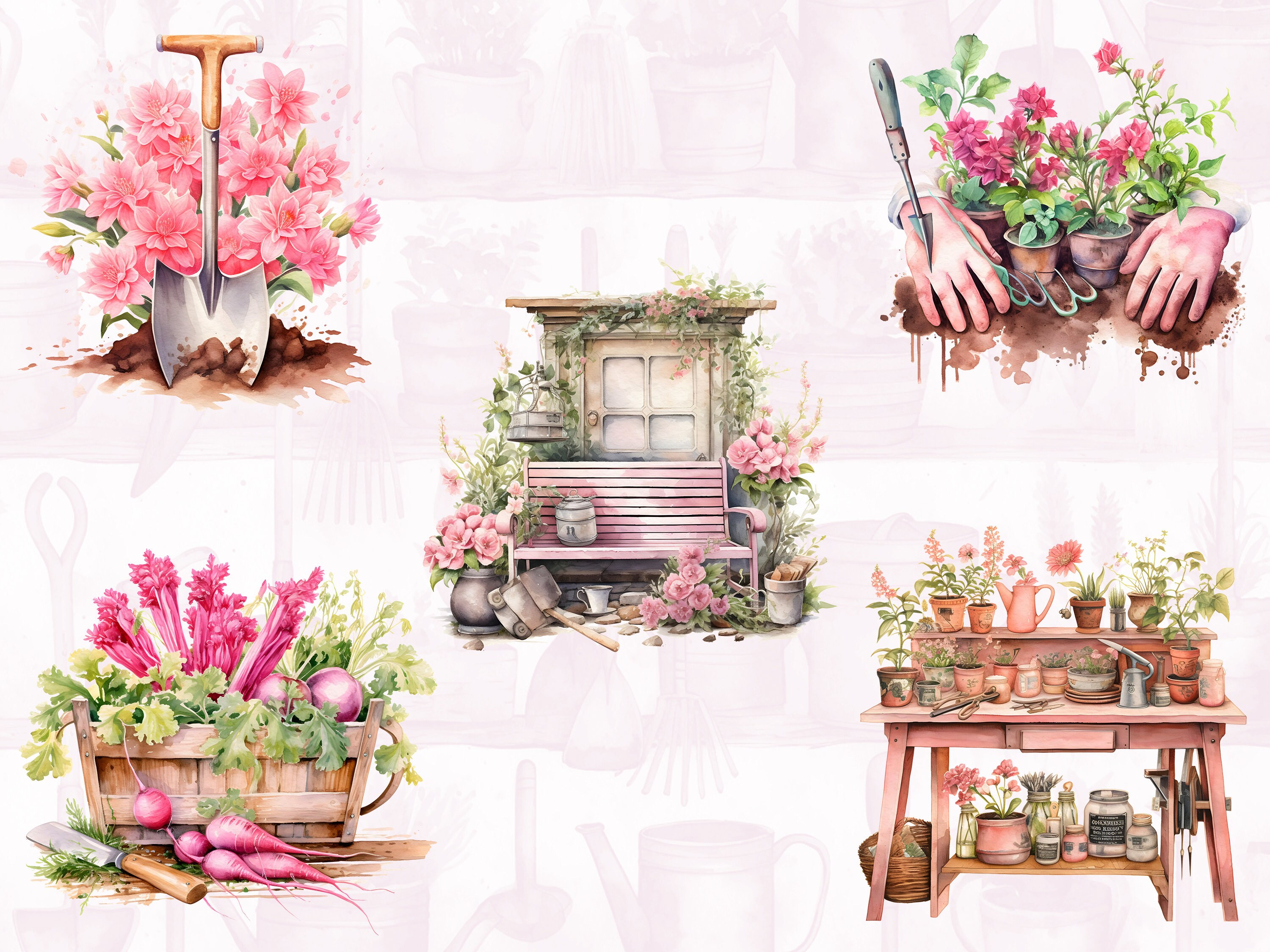 Watercolor Pink Gardening Clipart Bundle, Pink Watercolor Gardenings ...