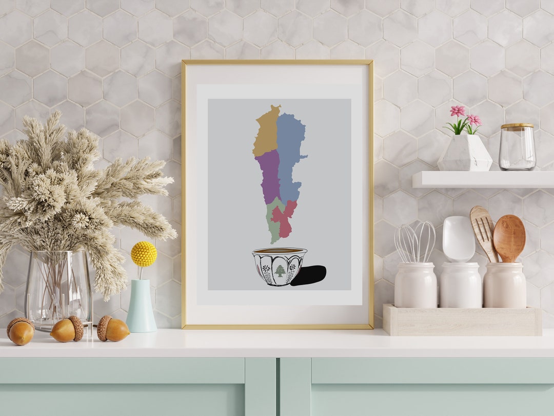 Colorful Pastel Lebanon Map Poster Arabic Coffee Cup Kitchen Wall Art ...