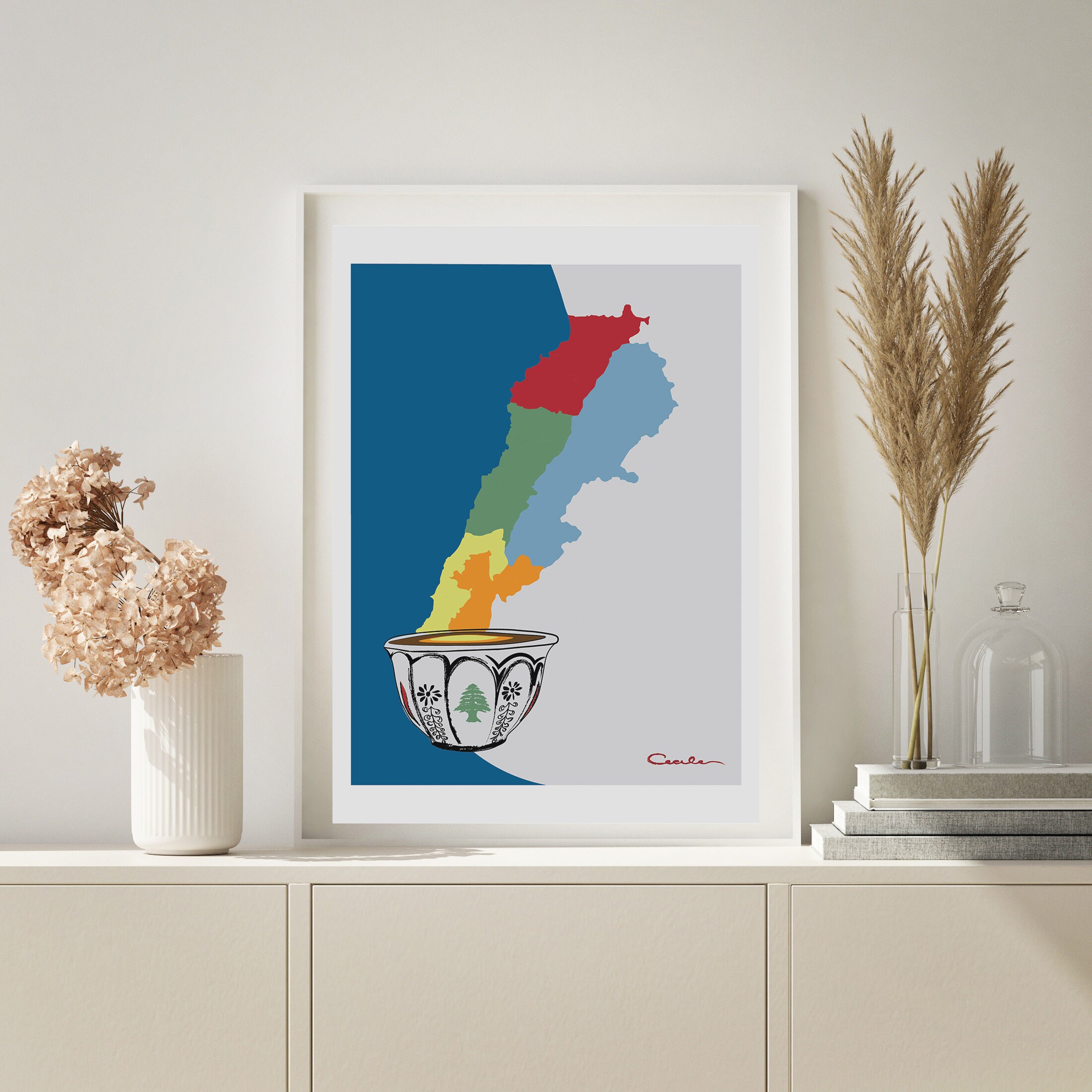 Colorful Lebanon Map Arabic Coffee Cup Kitchen Wall Art - Lebanese Flag ...