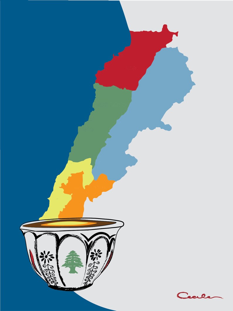 Colorful Lebanon Map Arabic Coffee Cup Kitchen Wall Art - Lebanese Flag ...