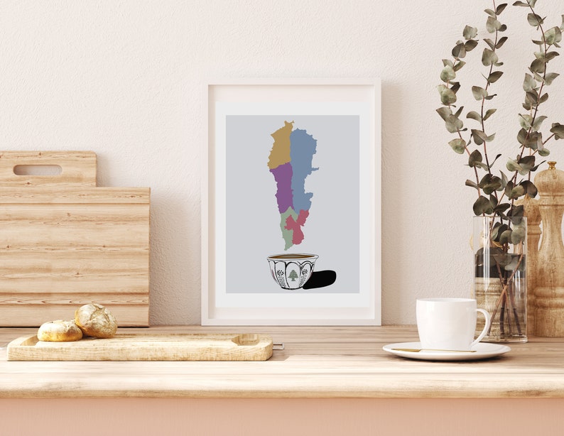 Colorful Pastel Lebanon Map Poster Arabic Coffee Cup Kitchen Wall Art ...