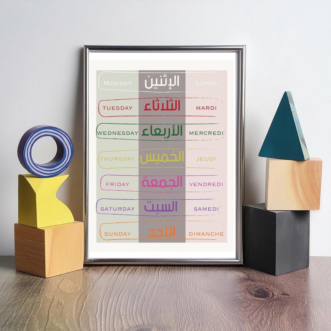 Days of the Week in Arabic, English French Poster Print -wall Art/kids ...