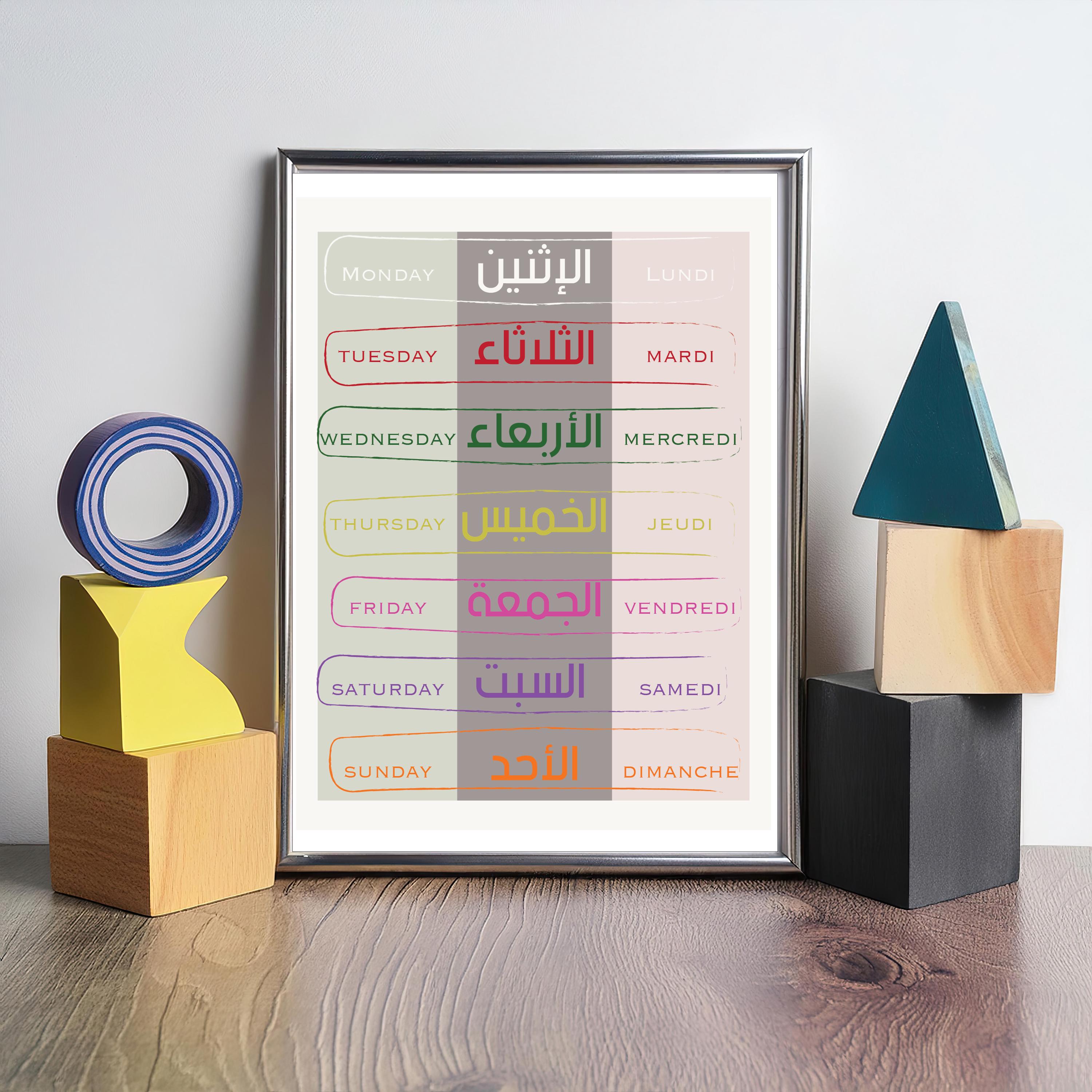 Days of the Week in Arabic, English French Poster Print -wall Art/kids ...