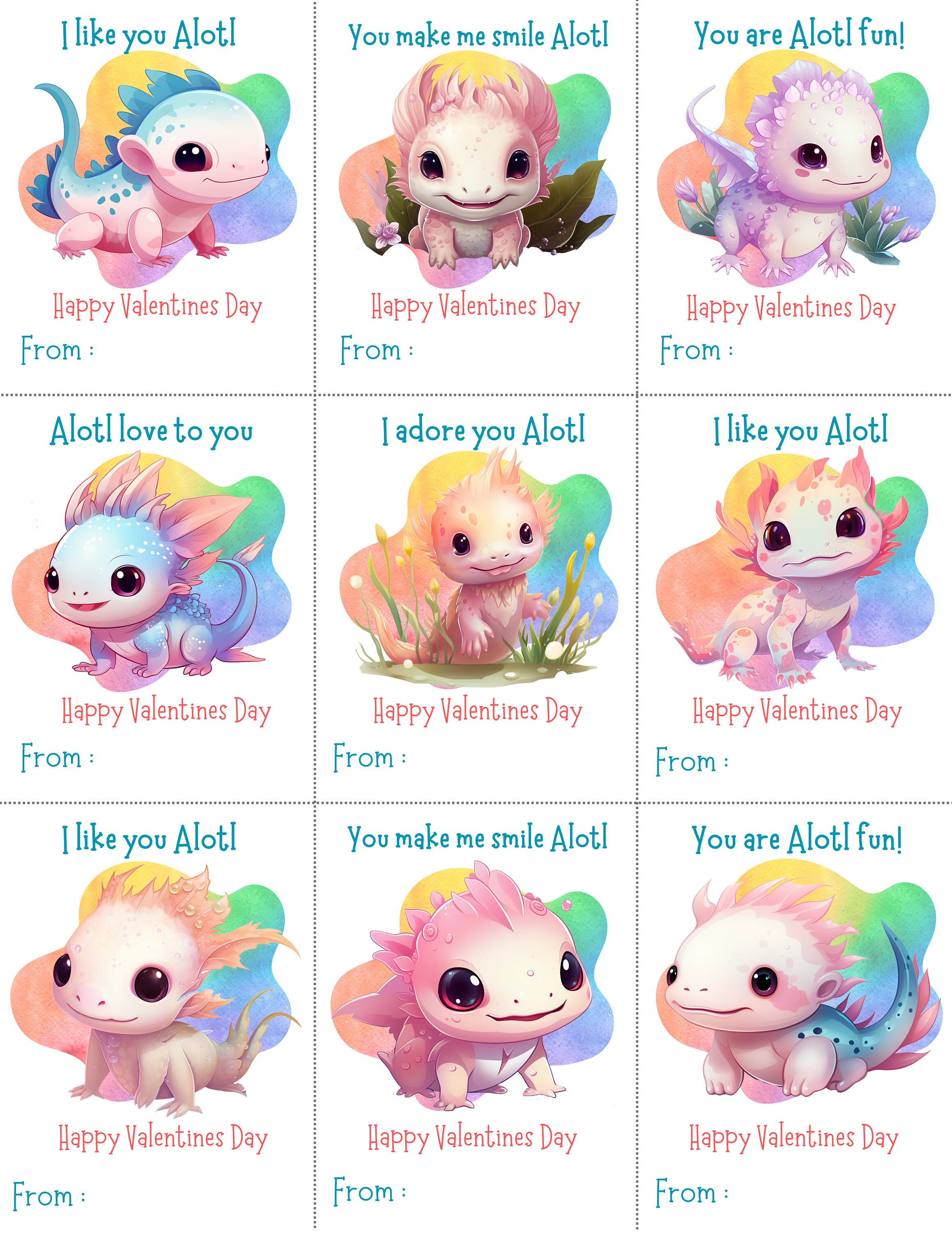 Axolotl Valentines Printable Cards Instant Download Single Sheet With 9 ...
