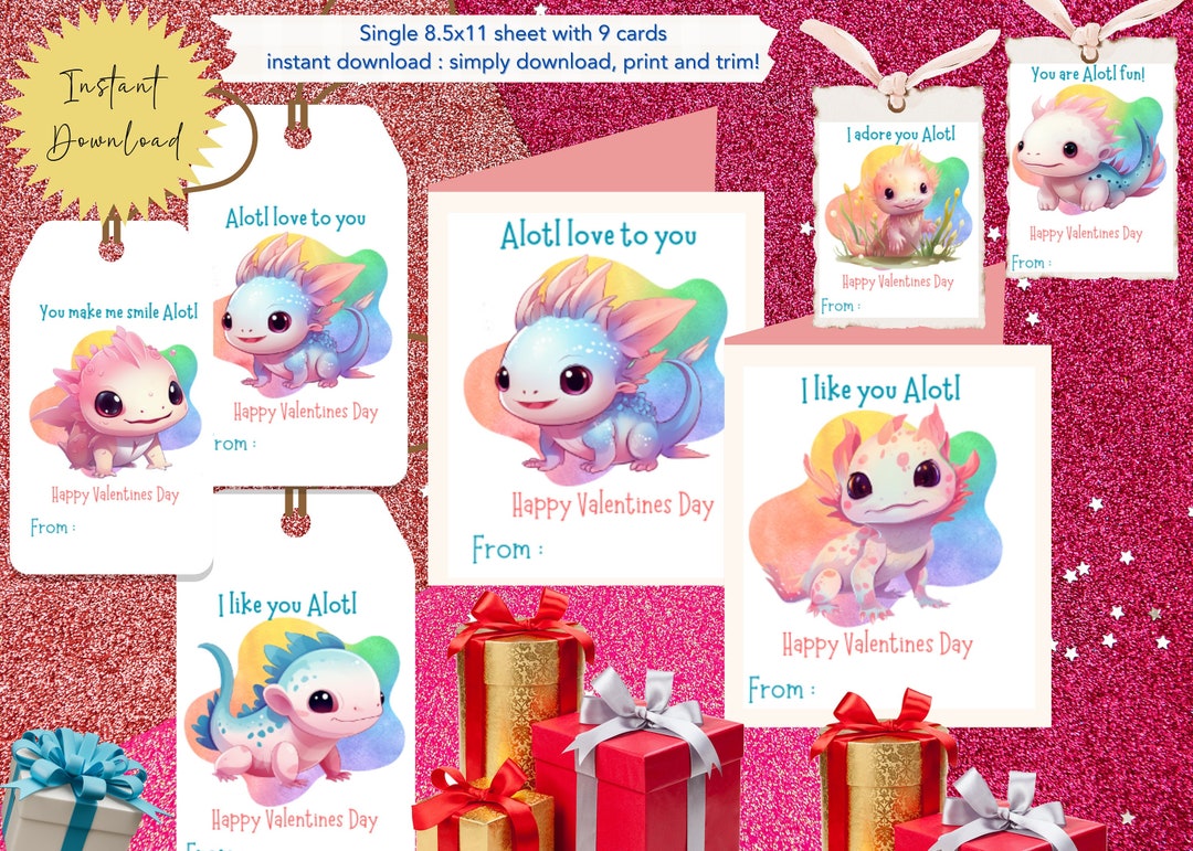 Axolotl Valentines Printable Cards Instant Download Single Sheet With 9 ...