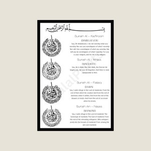 Islamic Art | 4 Quls | English Translation | Arabic Calligraphy Poster ...