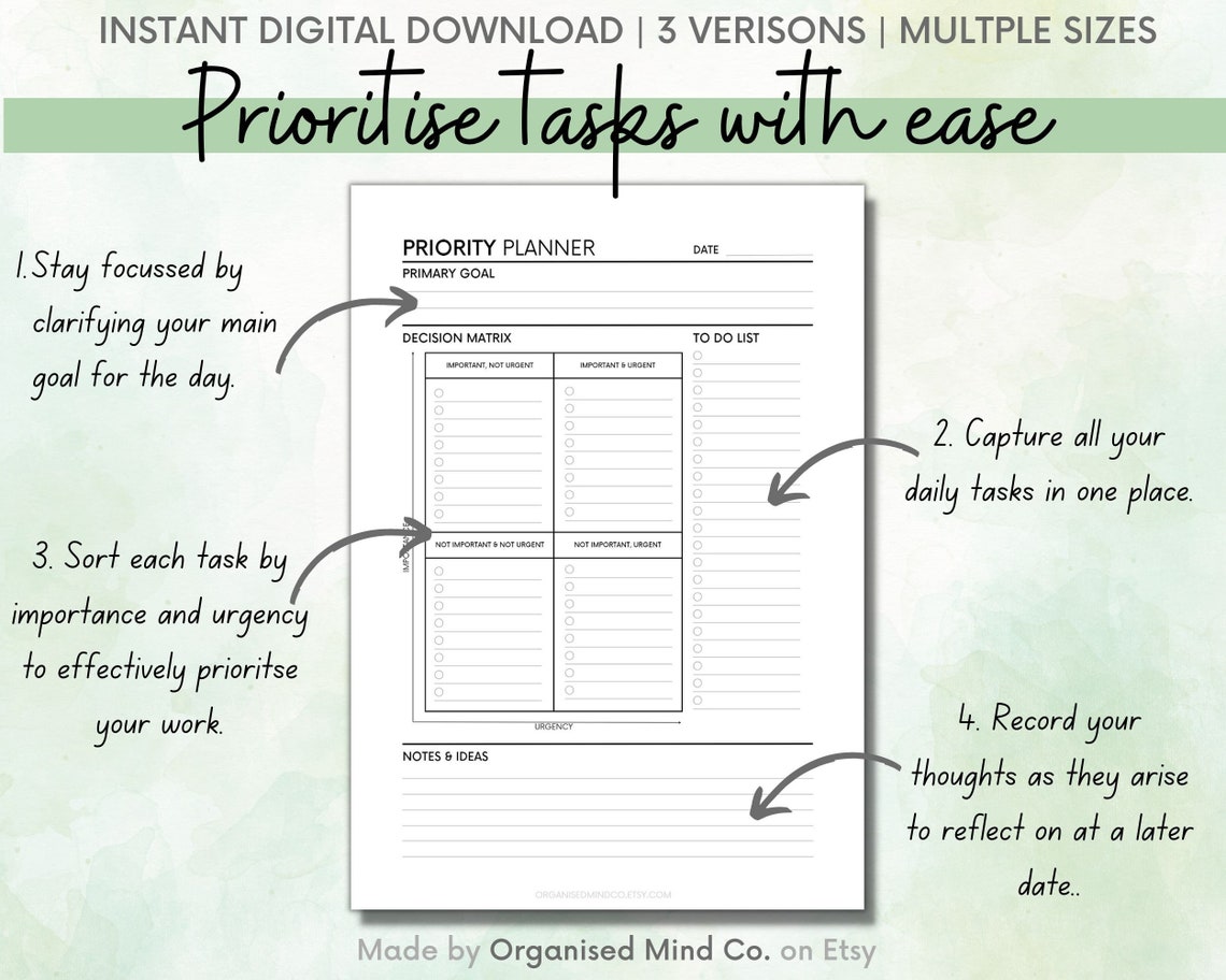 Priority Planner Printable, Task Priority Matrix, Daily Productivity ...