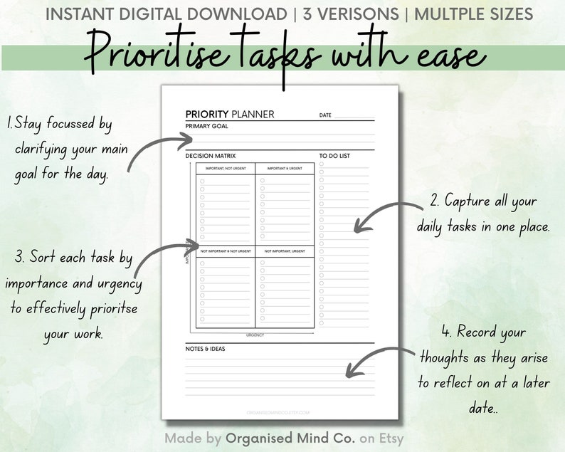 Priority Planner Printable, Task Priority Matrix, Daily Productivity ...