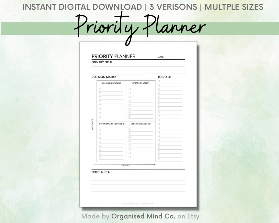 Priority Planner Printable, Task Priority Matrix, Daily Productivity ...