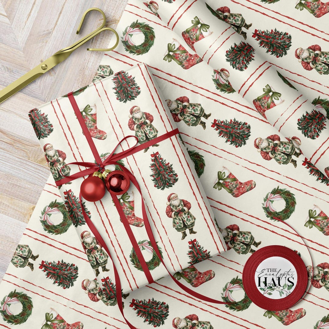 Christmas Gift Wrap Roll, Santa, Stockings, Trees Design - Etsy
