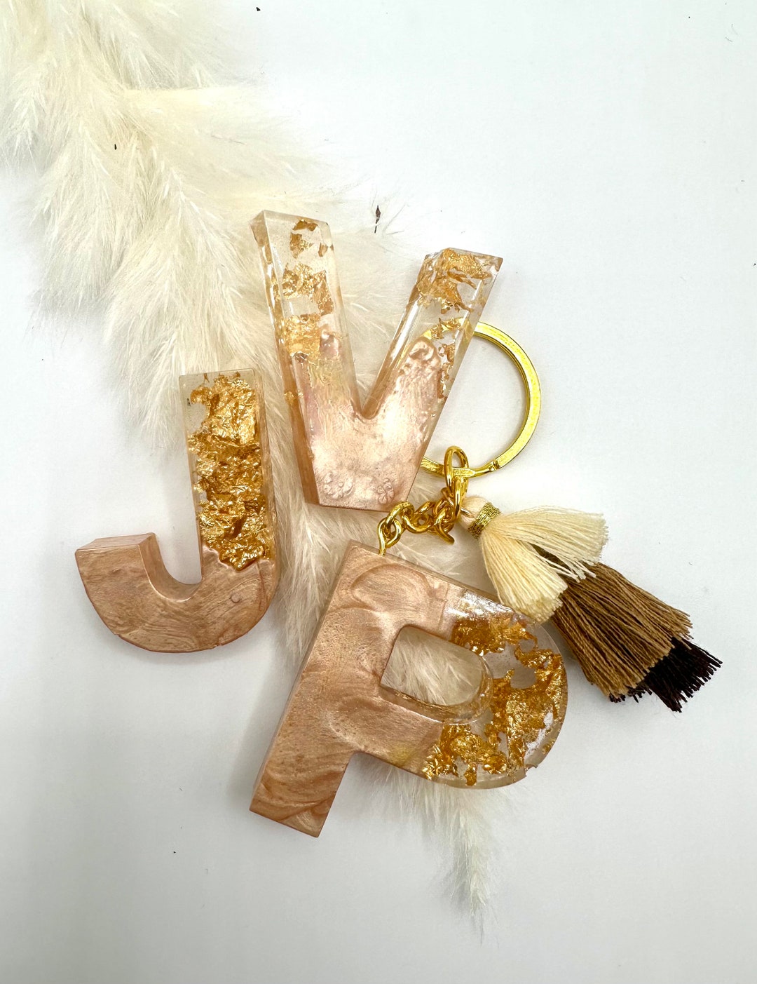 Handmade Resin Letter Keychain in a Shimmering Champagne and Gold Foil ...