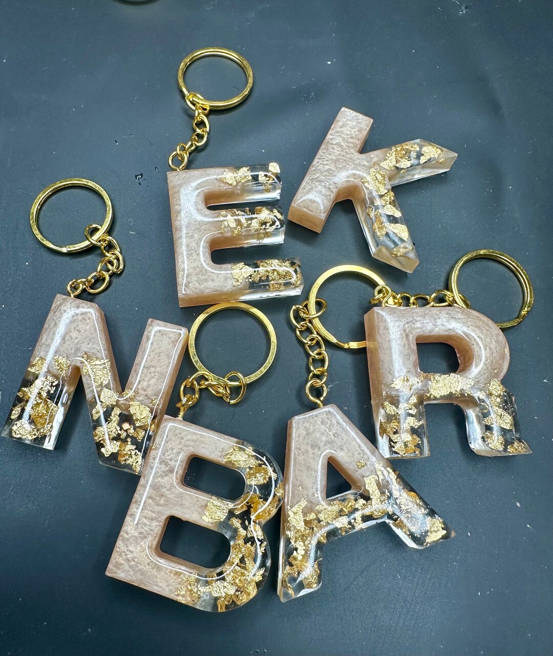 Handmade Resin Letter Keychain in a Shimmering Champagne and Gold Foil ...